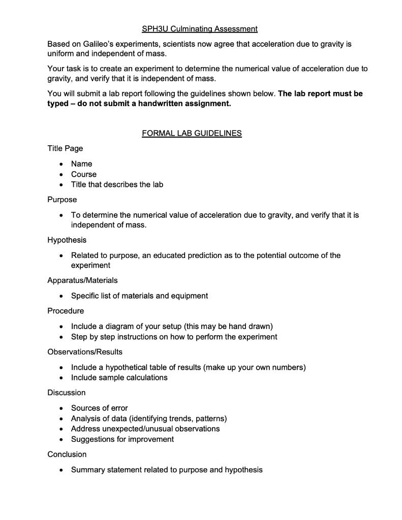 SPH3U Culminating Assessment Based on Galileo's | Chegg.com