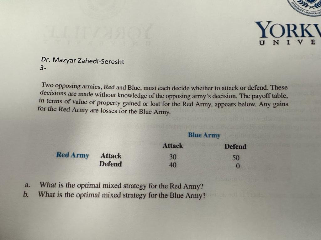 Solved Dr. ﻿Mazyar Zahedi-Seresht3-Two opposing armies, Red | Chegg.com