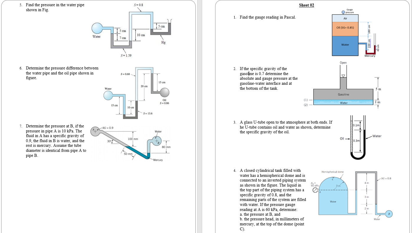 Solved 5. Find the pressure in the water pipe Sheet 02 shown | Chegg.com