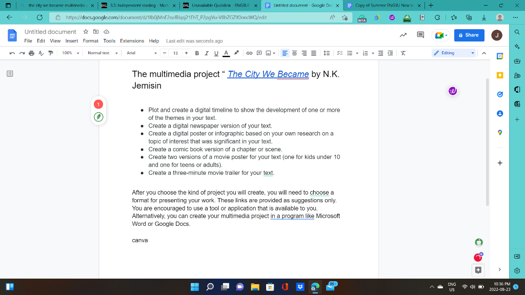 The multimedia project " The City We Became by N.K. | Chegg.com