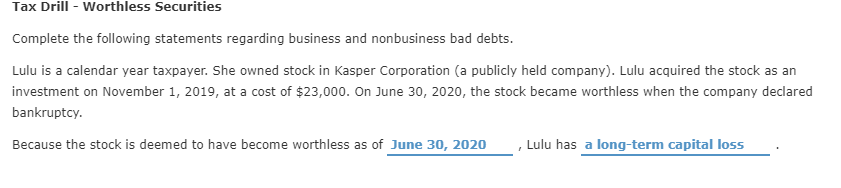 Solved Tax Drill - Worthless Securities Complete the | Chegg.com