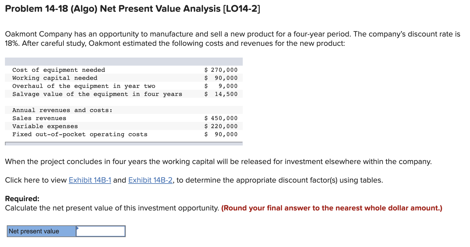 Solved Problem 14-18 (Algo) Net Present Value Analysis | Chegg.com