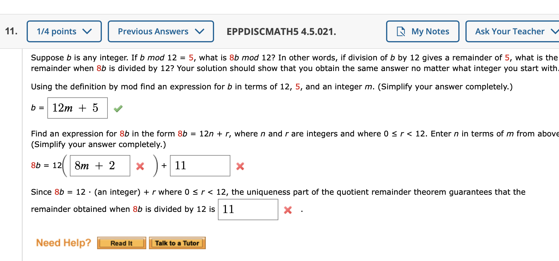 Solved 11. 1/4 points v || Previous Answers V E PPDISCMATH5 | Chegg.com