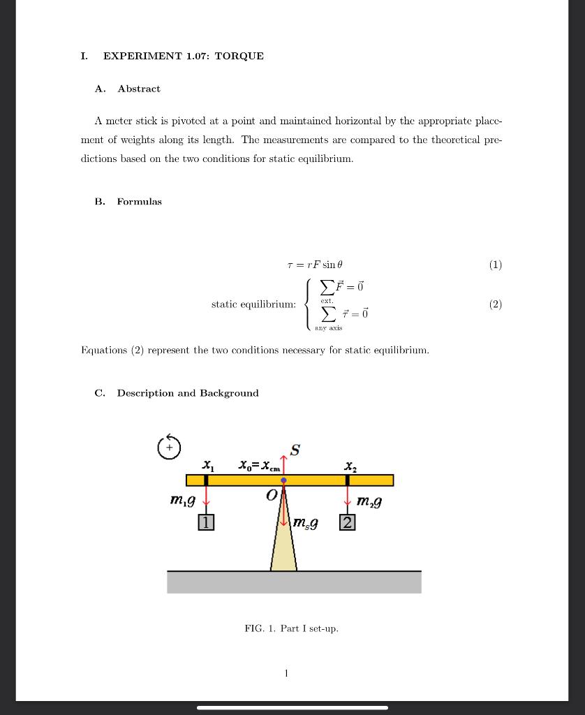 Solved I. EXPERIMENT 1.07: TORQUE A. Abstract A meter stick | Chegg.com