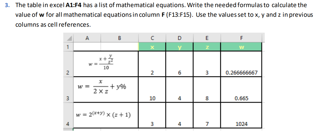 Solved 3. The table in excel A1:F4 has a list of | Chegg.com