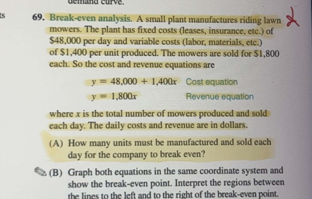 Solved 69. Break-even analysis. A small plant manufactures | Chegg.com