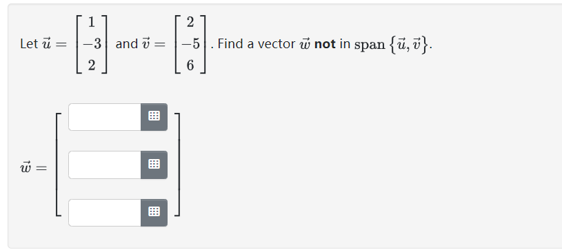 Solved Let vec(u)=[1-32] ﻿and vec(v)=[2-56]. ﻿Find a vector | Chegg.com