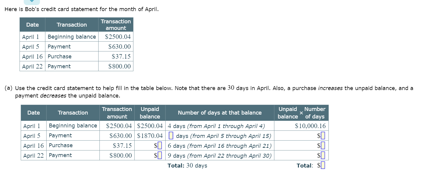 Solved Here is Bob's credit card statement for the month of | Chegg.com