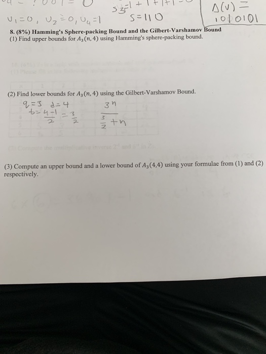 Solved oo10 8. (8 %) Hamming's Sphere packing Bound and the | Chegg.com