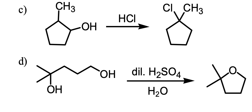 Solved с) CH3 CI, CH3 HCI ОН 3 d) ОН dil. H2SO4 ХО ОН Н,0 | Chegg.com