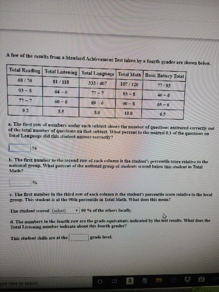 Solved A few of the results from a Stanford Achievement Test | Chegg.com