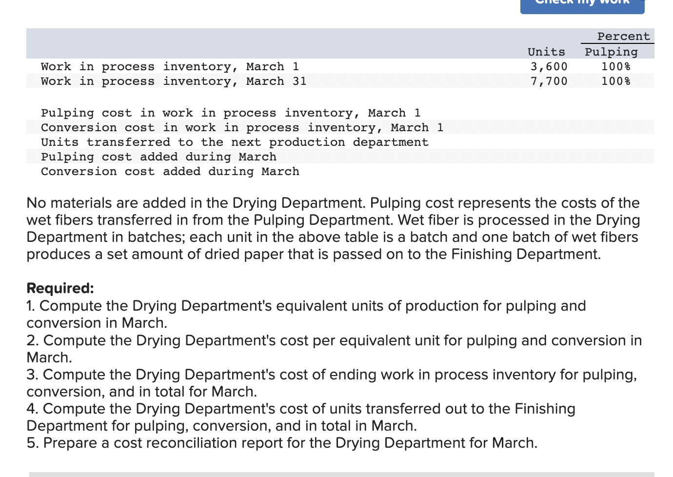 Pulping cost in work in process inventory, March 1 | Chegg.com Pulping cost in work in process inventory, March 1 | Chegg.com
