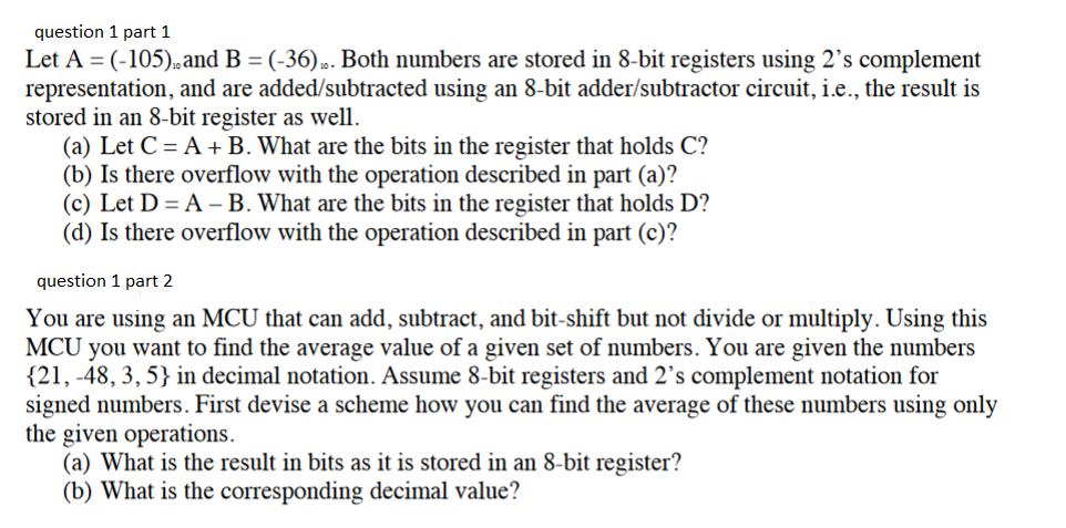 Solved question 1 part 1 Let \( \mathrm{A}=(-105)_{\ldots} | Chegg.com