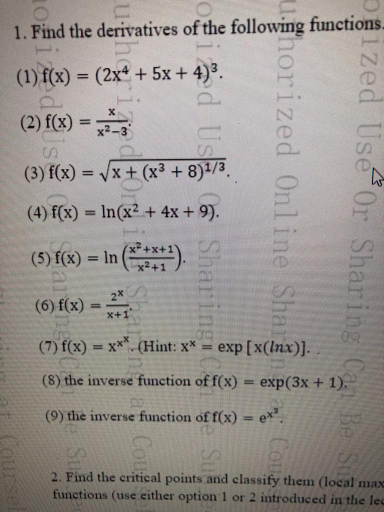 Solved 1. Find the derivatives of the following functions | Chegg.com