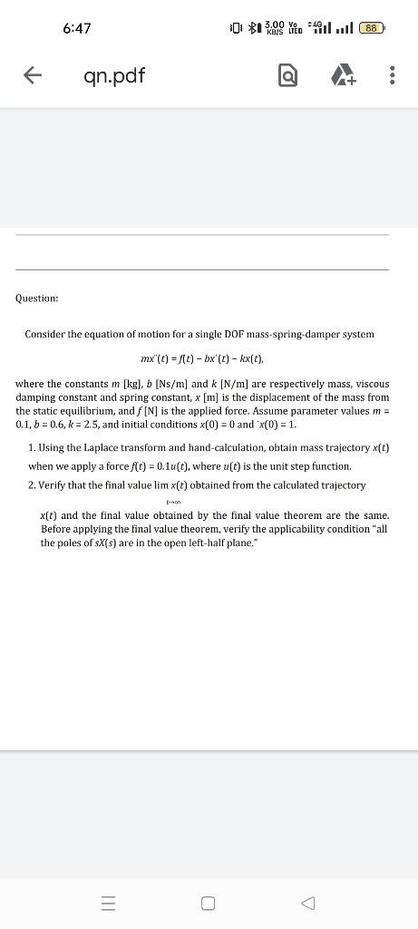 Solved Consider the equation of motion for a single DOF | Chegg.com