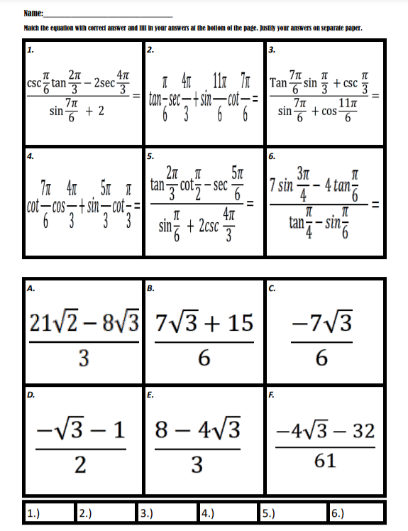 Solved Unit Circle Trig Equations Worksheet. Match The | Chegg.com