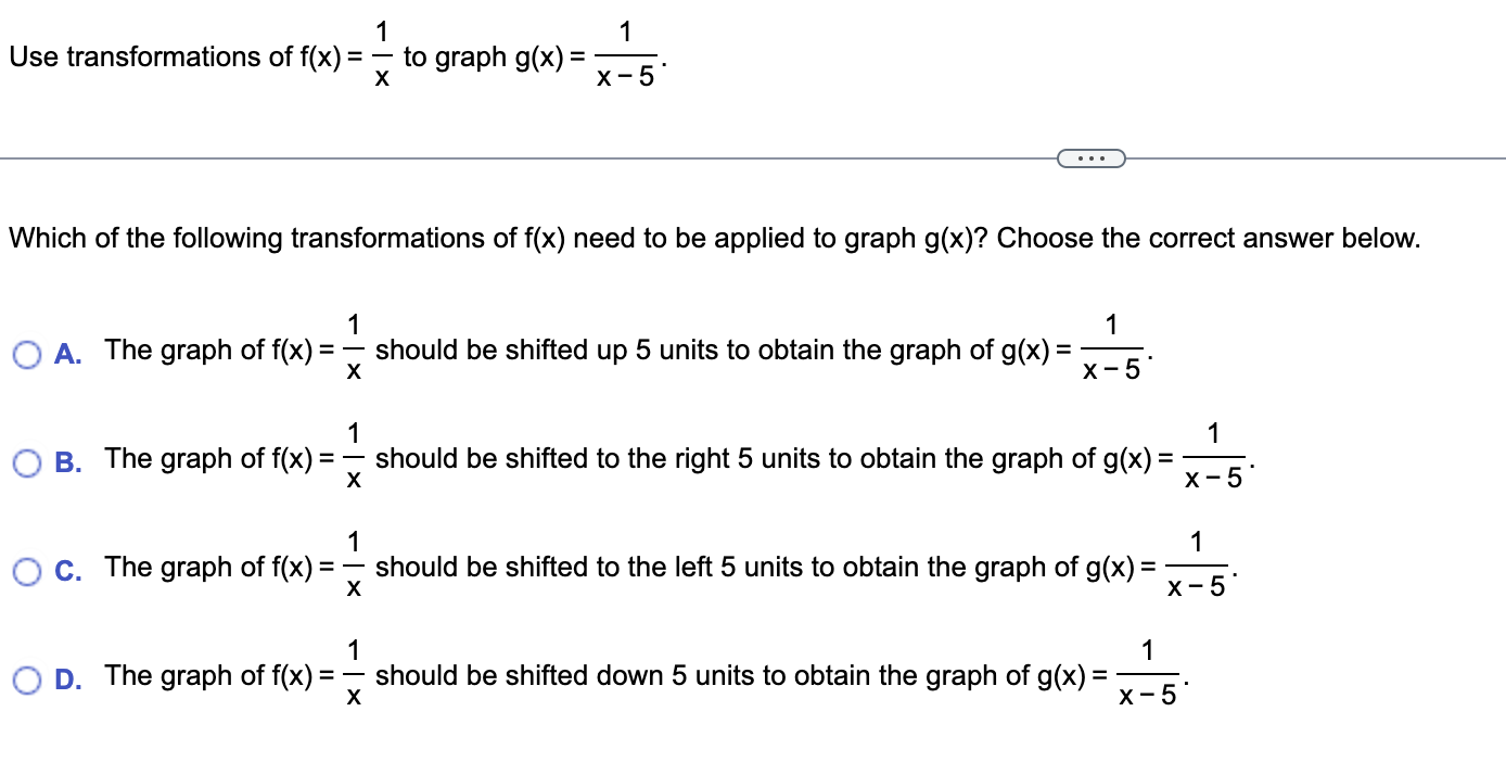 Solved Use transformations of f(x)=x1 to graph g(x)=x−51. | Chegg.com