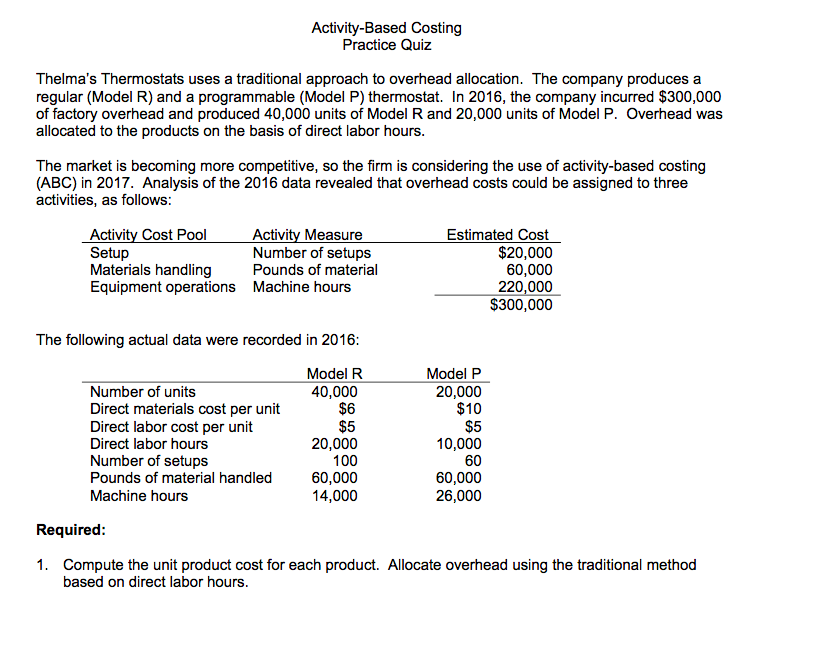 Solved Activity-Based Costing Practice Quiz Thelma's | Chegg.com