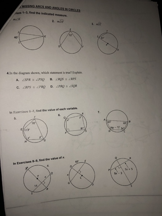 Solved MISSING ARCS AND ANGLES IN CIRCLES ises 1-3, find the | Chegg.com