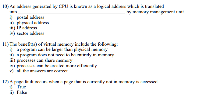 Solved 10 An Address Generated By Cpu Is Known As A Logical 