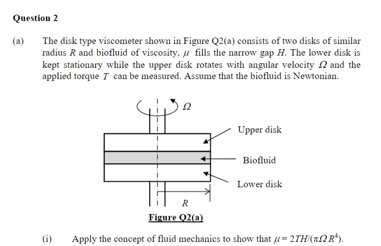 Solved Question 2 (a) The disk type viscometer shown in | Chegg.com