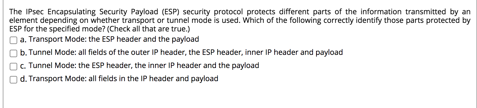 Solved The IPsec Encapsulating Security Payload (ESP) | Chegg.com