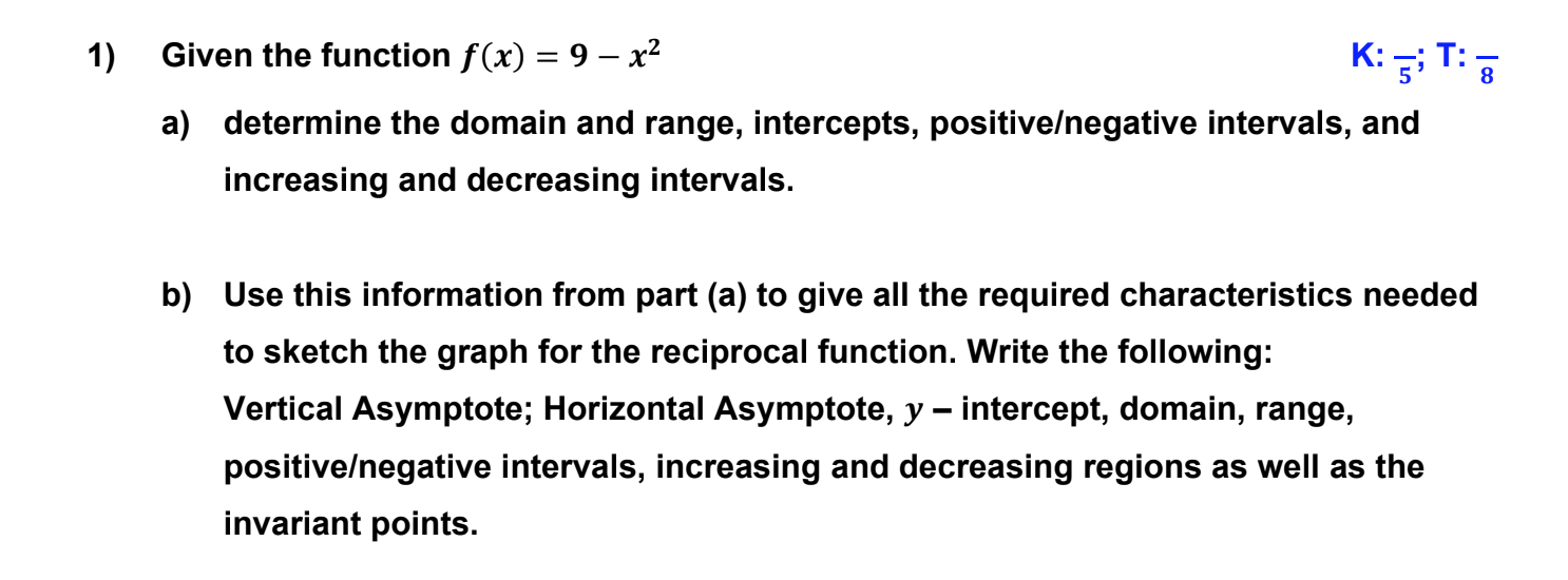 Solved 1) Given the function f(x) = 9 – x2 K: 3; T: 3 a) | Chegg.com