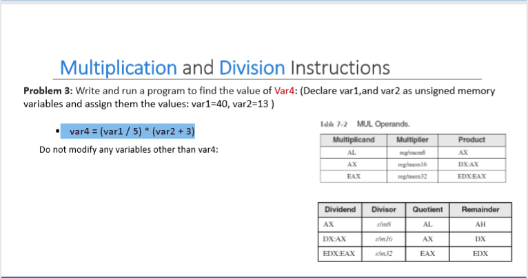 Solved Multiplication and Division Instructions Problem 3: | Chegg.com