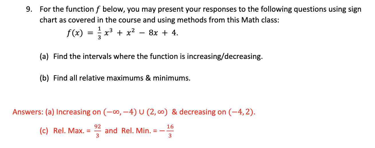 Solved 9. For the function f below, you may present your | Chegg.com