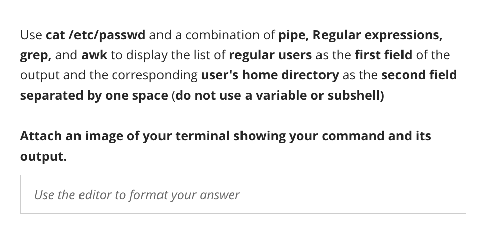 Solved Use cat /etc/passwd and a combination of pipe, | Chegg.com