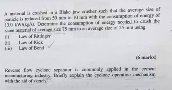 Solved A material is crushed in a Blake jaw crusher such | Chegg.com