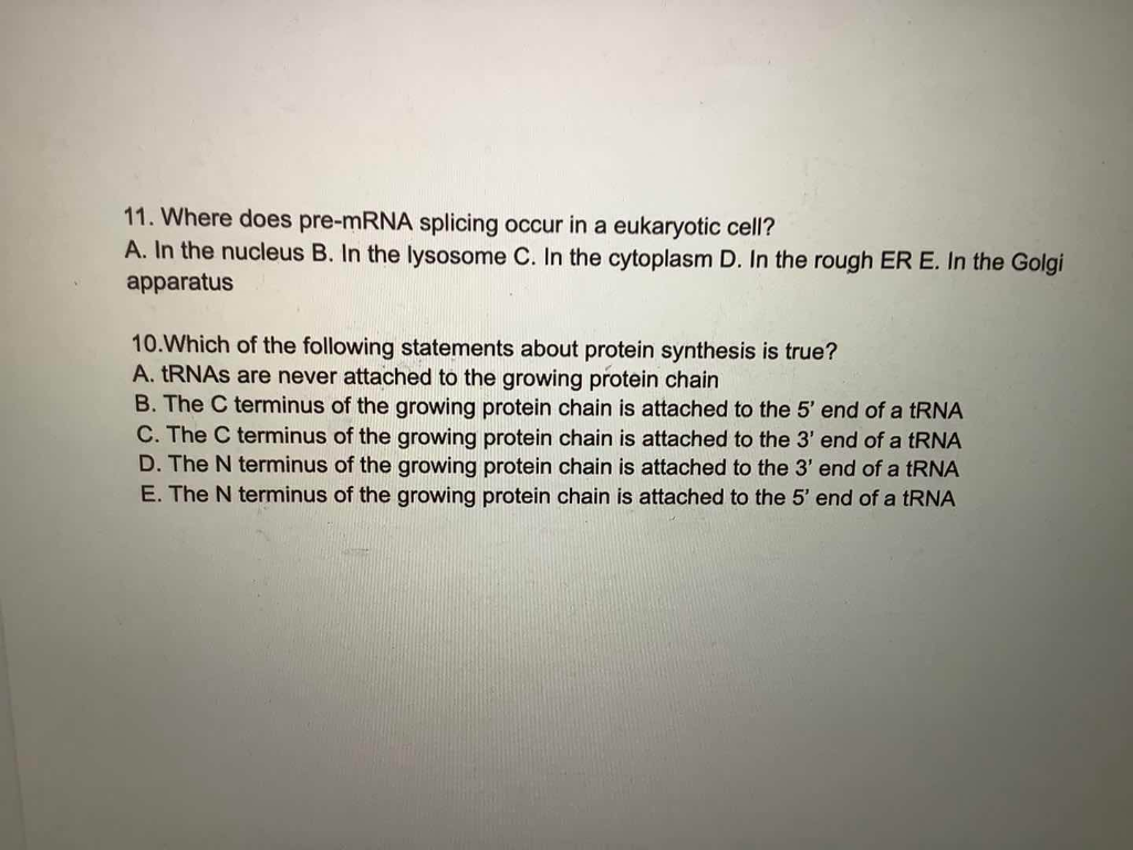 Solved 11. Where does pre-mRNA splicing occur in a | Chegg.com