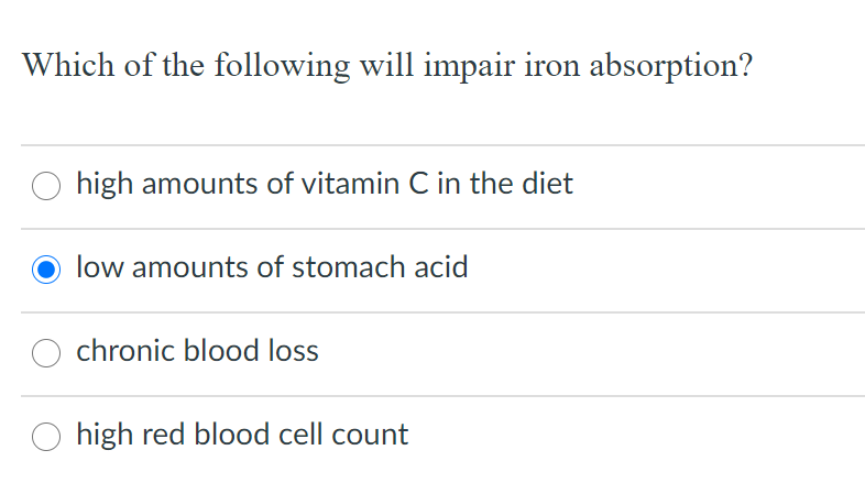 Solved Which of the following will impair iron absorption? | Chegg.com