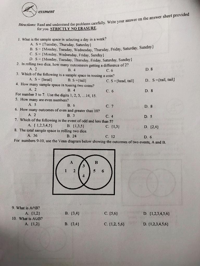 Solved essment Directions: Read and understand the problems | Chegg.com