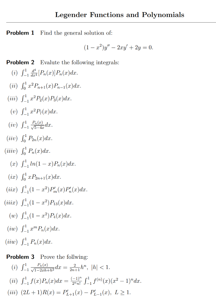 Solved Legender Functions and Polynomials Problem 1 Find the | Chegg.com