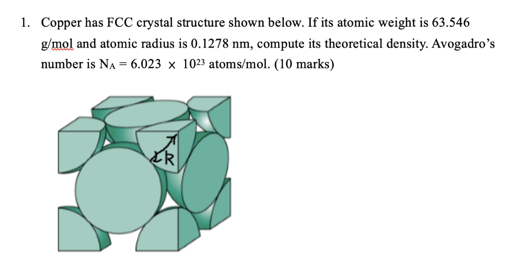 Solved 1. Copper has FCC crystal structure shown below. If | Chegg.com