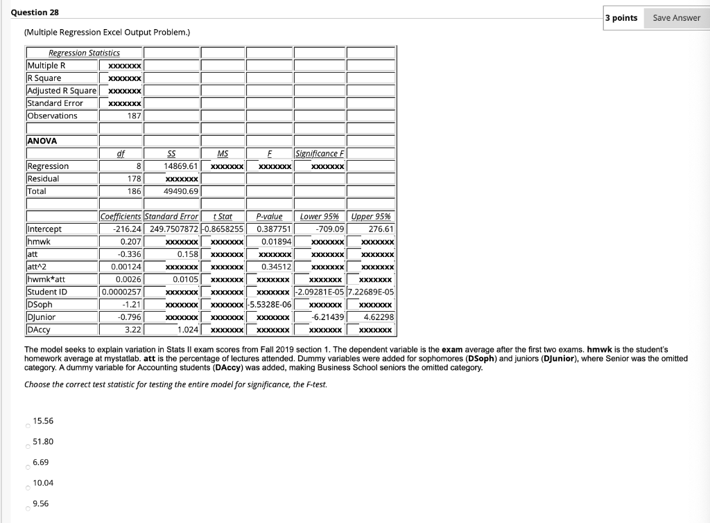 Solved Question 28 3 points Save Answer (Multiple Regression | Chegg.com
