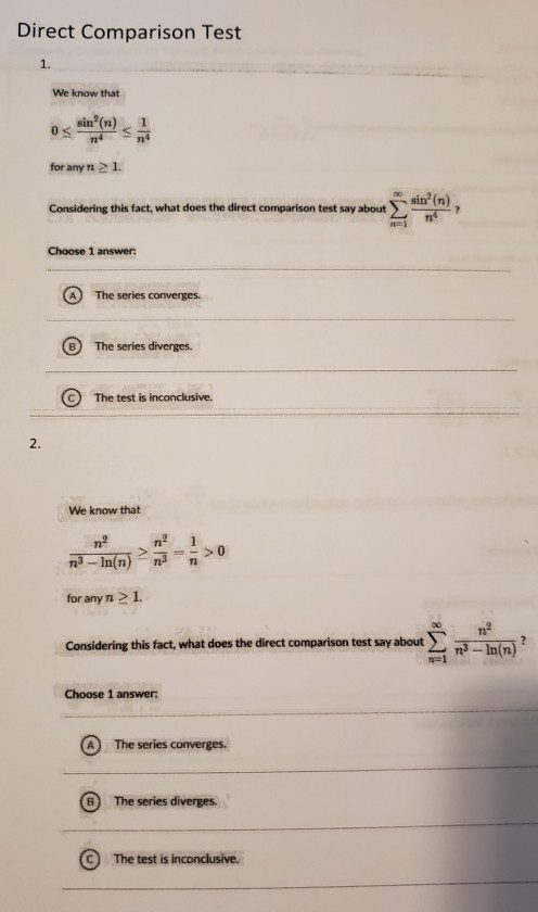 Solved Direct Comparison Test We know that for any na > 1. | Chegg.com