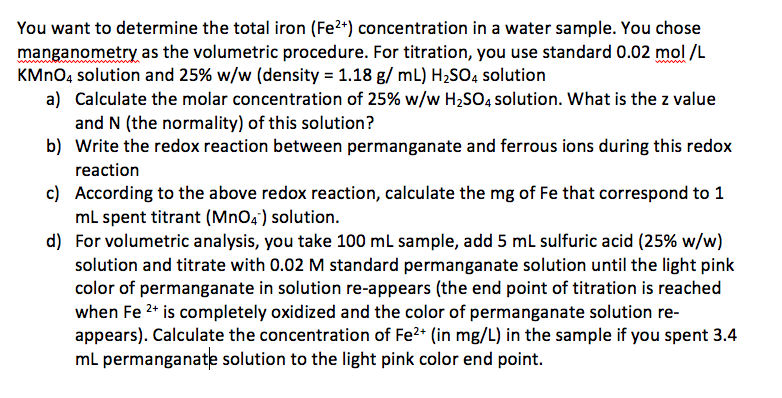 Solved You want to determine the total iron (Fe2+) | Chegg.com