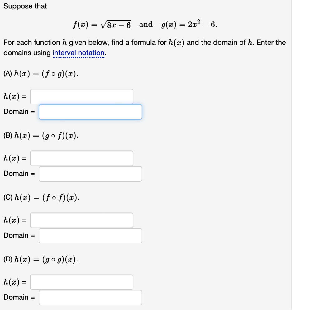 Solved Suppose that f(x)=8x−6 and g(x)=2x2−6 For each | Chegg.com