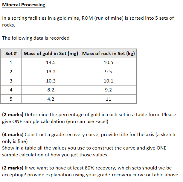 Solved Mineral Processing In a sorting facilities in a gold | Chegg.com
