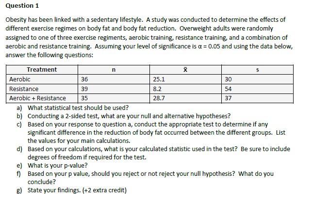 Solved Obesity has been linked with a sedentary lifestyle. A | Chegg.com