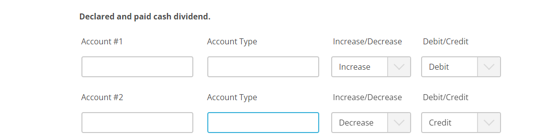 Solved Declared and paid cash dividend. Account \#1 Account | Chegg.com