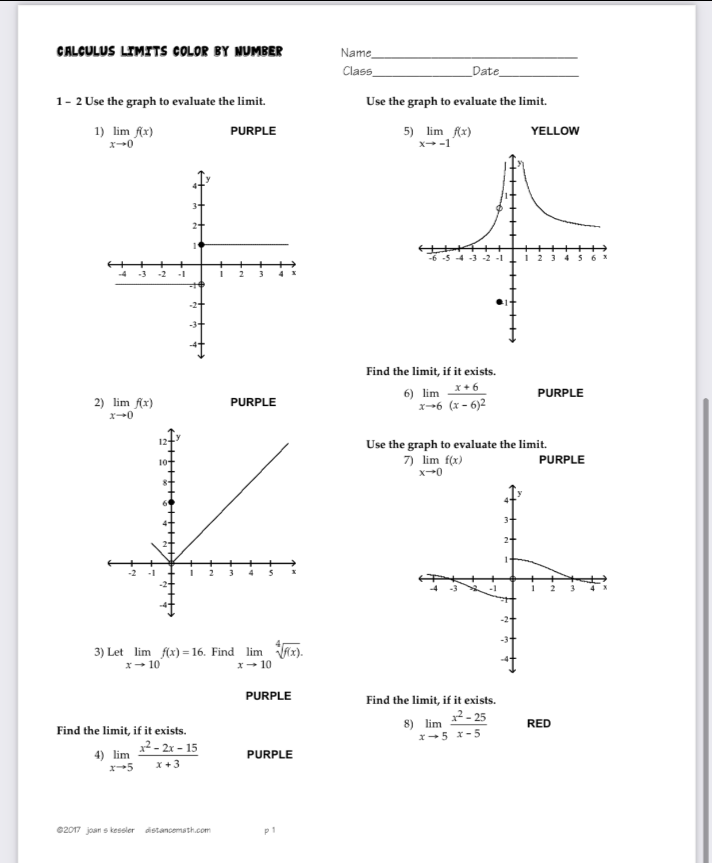 Solved CALCULUS LIMITS COLOR BY NUMBER Name Class Date 1 - 2 | Chegg.com