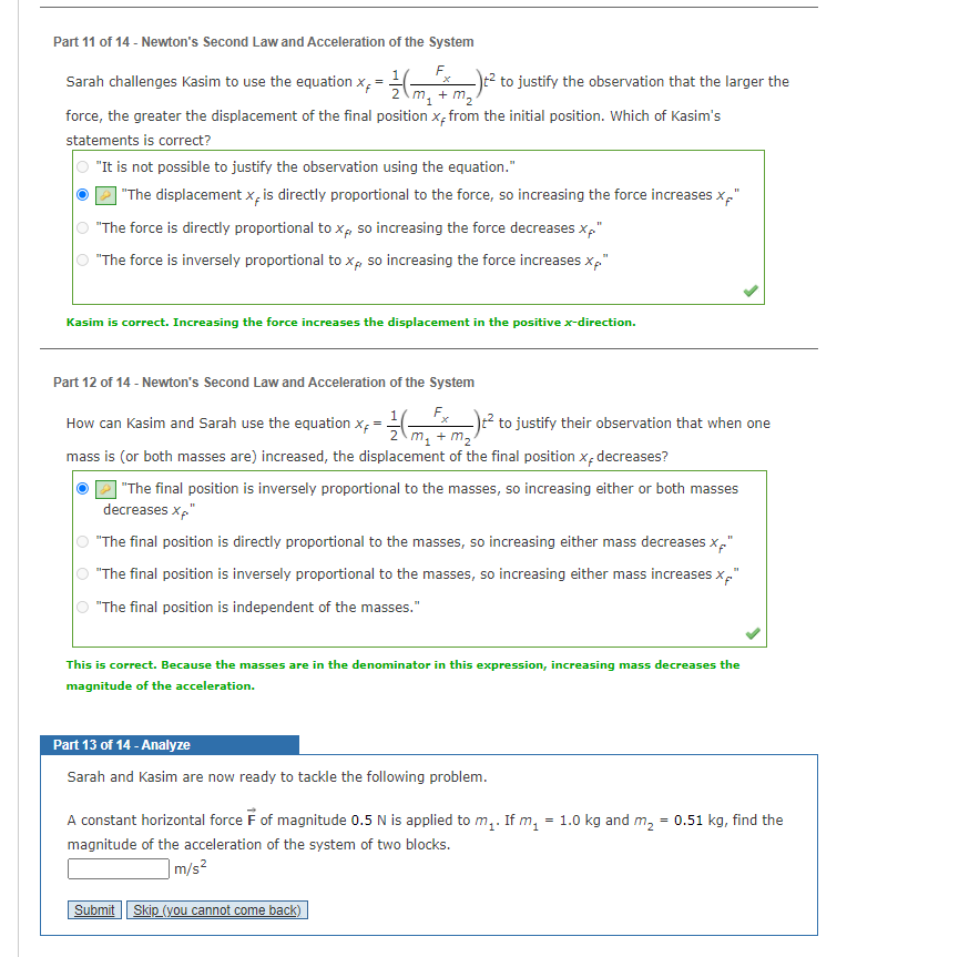 Solved Part 11 of 14 - Newton's Second Law and Acceleration | Chegg.com