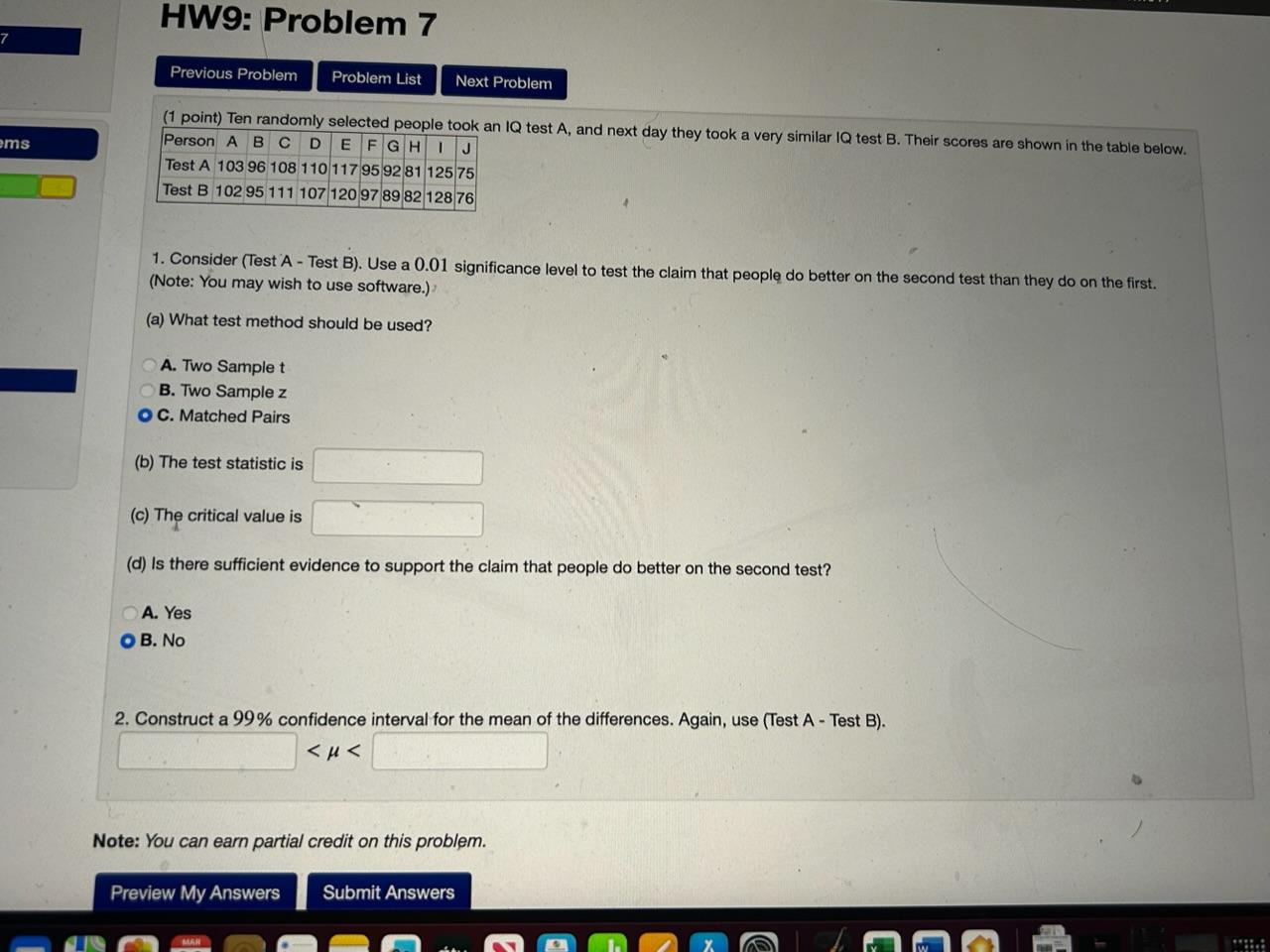 Solved (1 point) Ten randomly selected nennle tank an IQ | Chegg.com