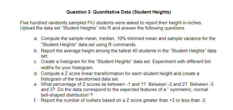 Solved Question 3: Quantitative Data (Student Heights) Five | Chegg.com