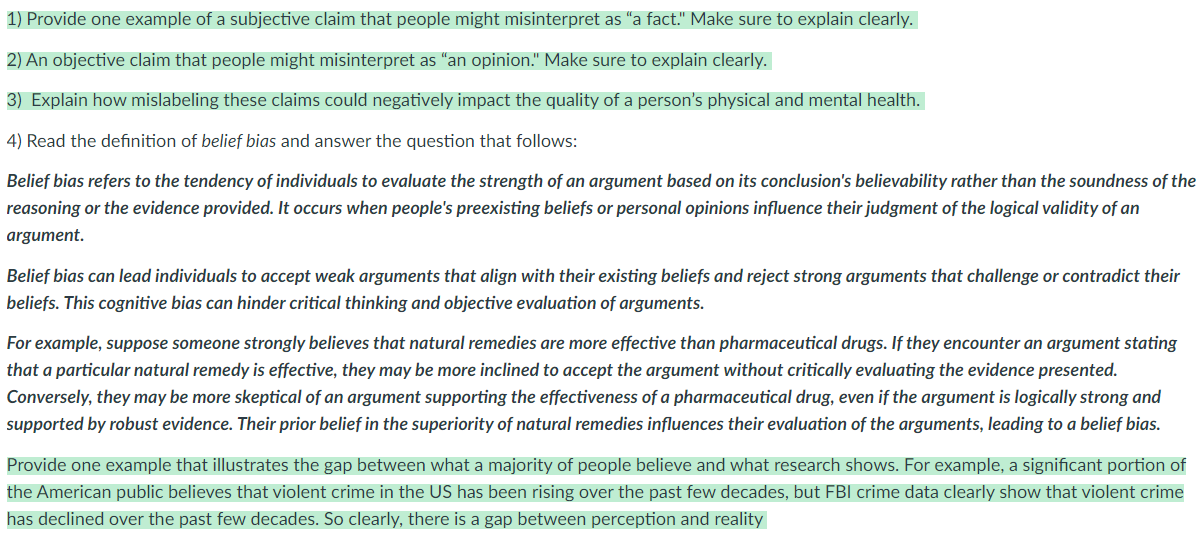 1) Provide one example of a subjective claim that | Chegg.com