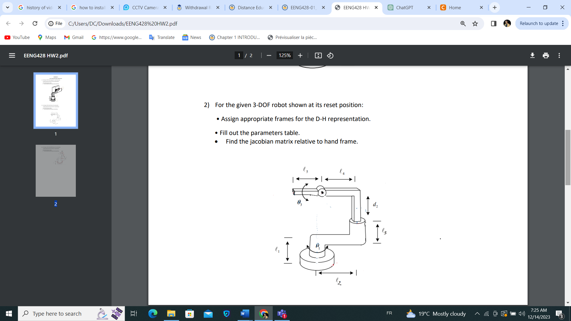 Solved For the given 3-DOF robot shown at its reset | Chegg.com