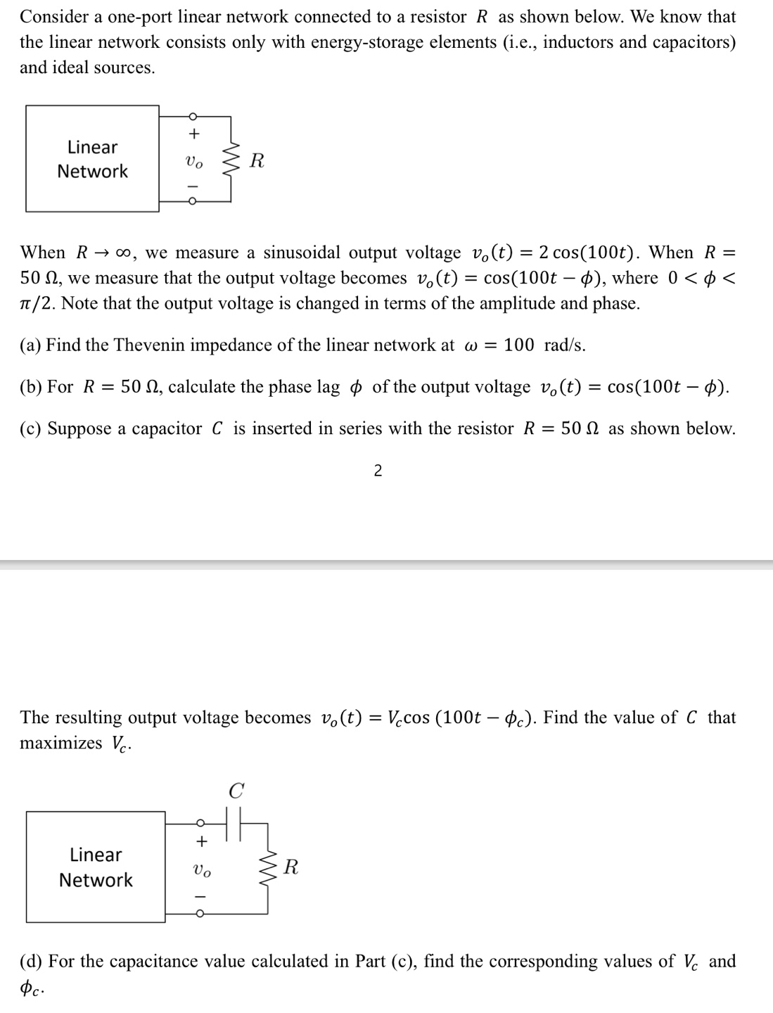 Solved Consider a one-port linear network connected to ﻿a | Chegg.com